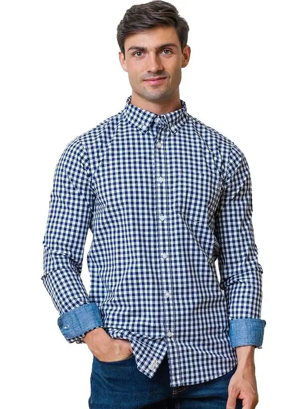 HOPE & HENRY Organic Stretch Poplin Shirt - Navy Gingham