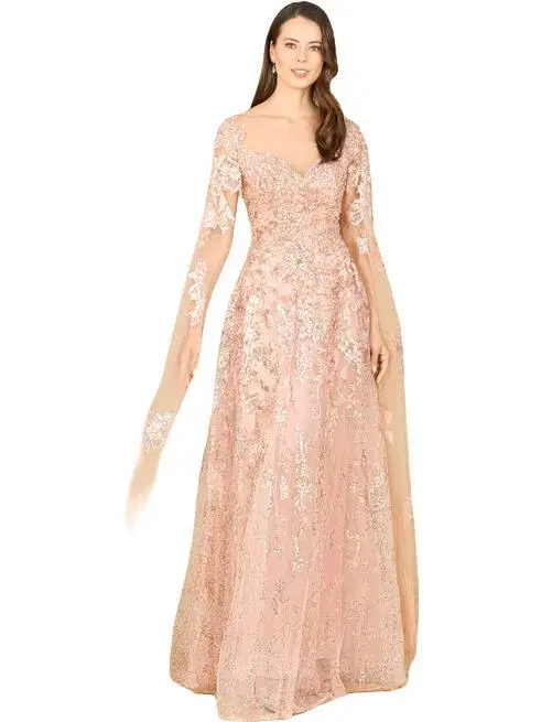 LARA NEW YORK Long Bell Sleeve V-neck Beaded Gown - Blush