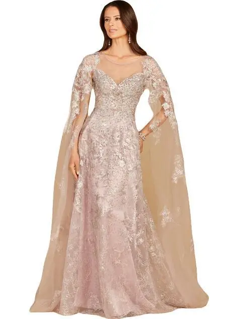 LARA NEW YORK Long Bell Sleeve V-neck Beaded Gown - Lightmauve