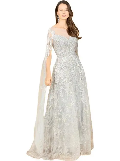 LARA NEW YORK Lace Gown With Cape Sleeves - Mist