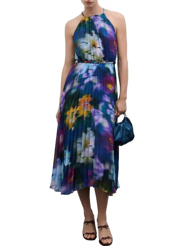 Mango Floral Pleated Midi Dress - Blue