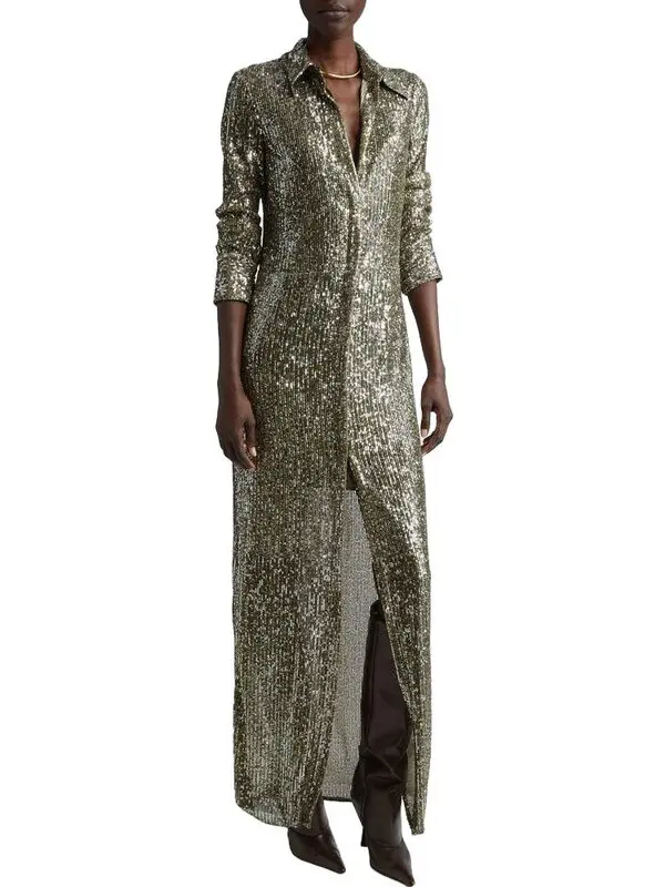 St. John Sequin Embroidered Shirtdress - Olive