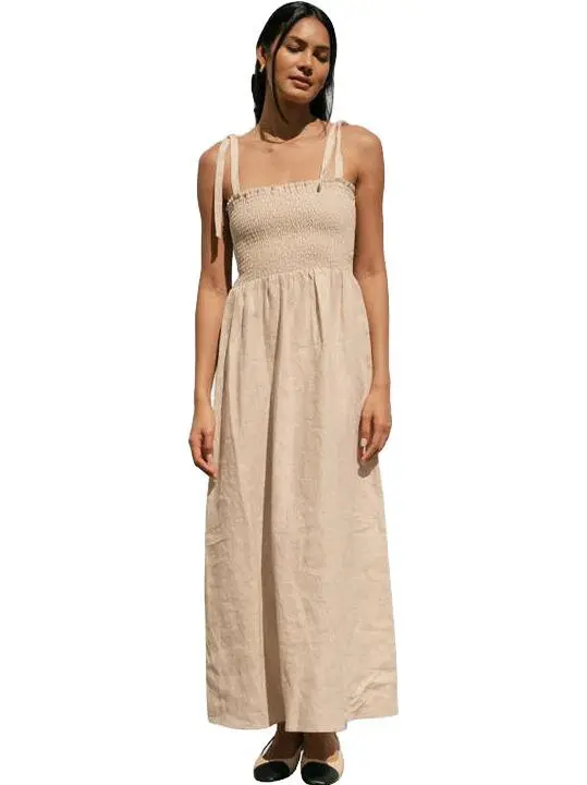WHIMSY + ROW Smocked Bodice Maxi Dress With Tie Straps - Oatmeal