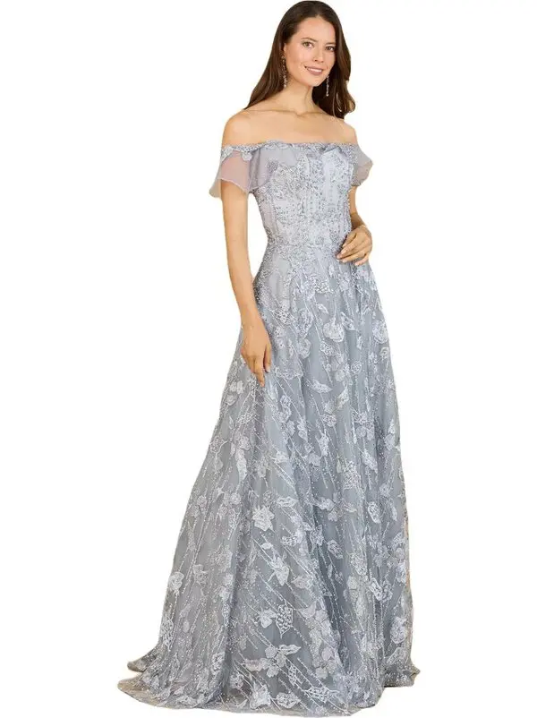 LARA NEW YORK Flutter Off-shoulder Lace Gown - Grey