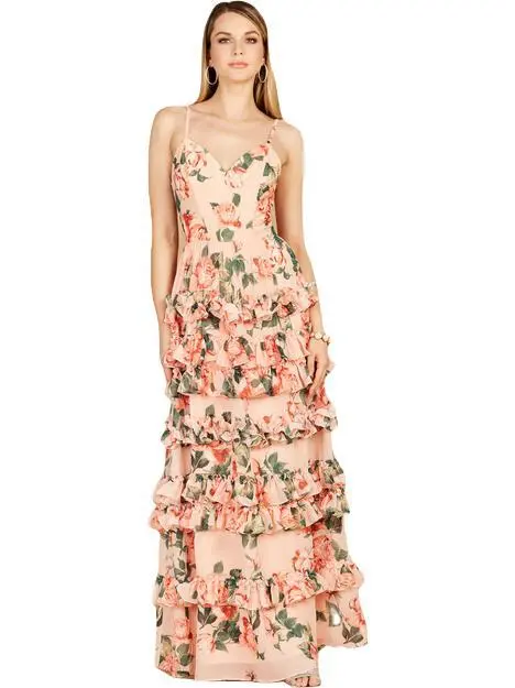 LARA NEW YORK Ruffle Skirt Printed Gown - Peach