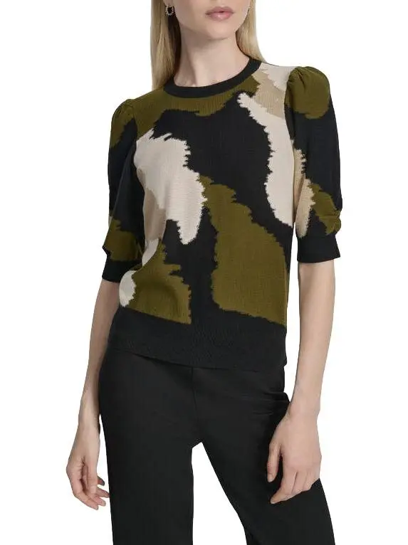 Dkny Colorblock Puff Sleeve Sweater - Dark Olive Multi