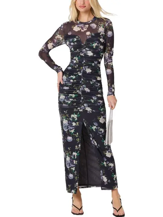 Astr The Label Floral Ruched Long Sleeve Mesh Maxi Dress - Blue Multi Floral