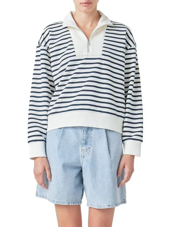 GREY LAB Stripe Terry Cloth Pullover - White/navy