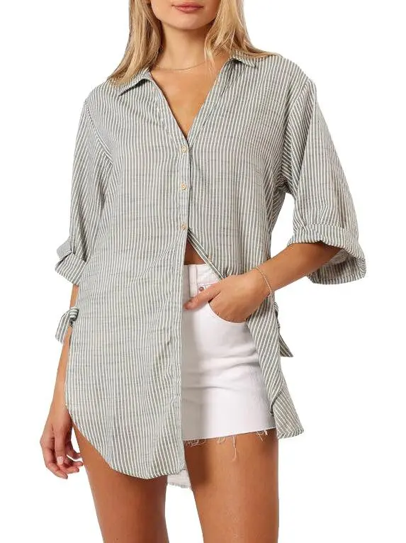 PETAL & PUP Wren Oversized Striped Button-up Shirt - Olive