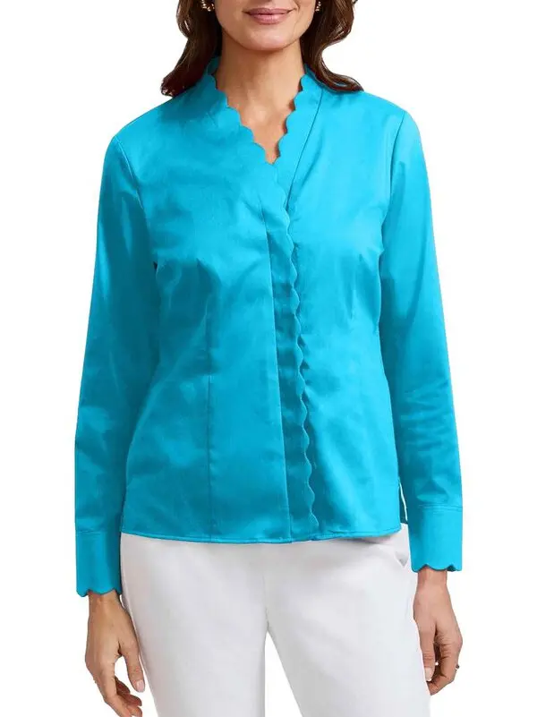 Foxcroft Bridget Scalloped Matte Sateen Button-up Shirt - Ibiza Turq