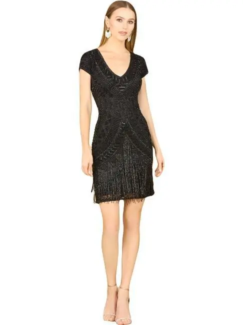 LARA NEW YORK Brooklyn Beaded Short Dress - Black