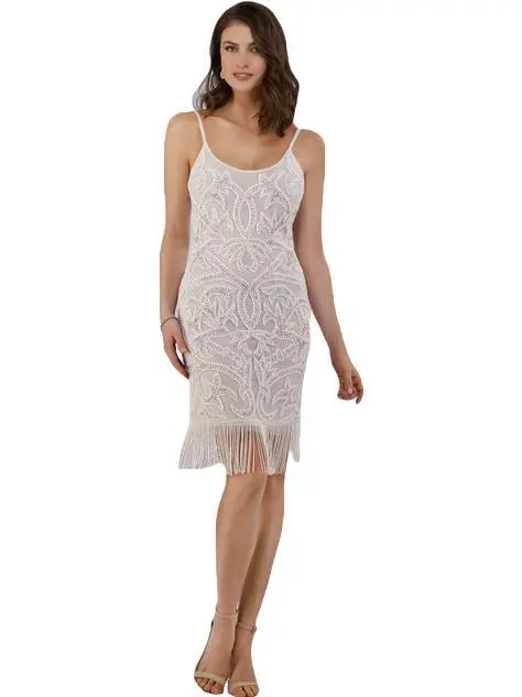 LARA NEW YORK Beaded Short Fringe Wedding Dress - White