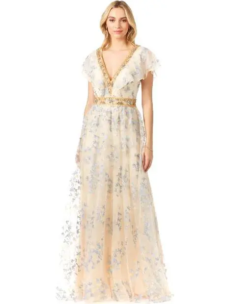 LARA NEW YORK Embellished Lace A-line Gown - Champagne