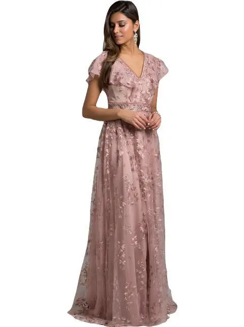 LARA NEW YORK Embellished Lace A-line Gown - Mauve