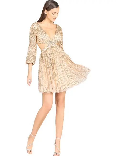 LARA NEW YORK Long Sleeve Cut Out Dress With Lace-up Back - Champagne