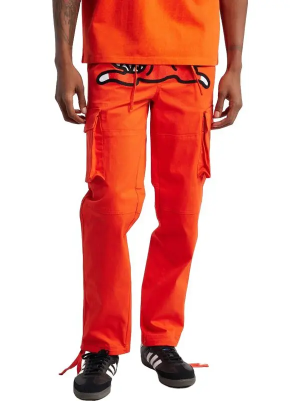 ICECREAM Cotton Cargo Pants With Running Dog Embroidery - Spicy Orange