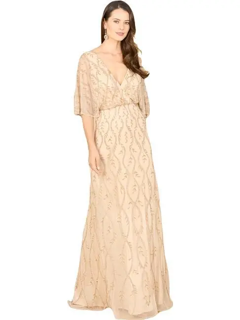 LARA NEW YORK Illusion Cape Sleeve Beaded Gown - Champagne