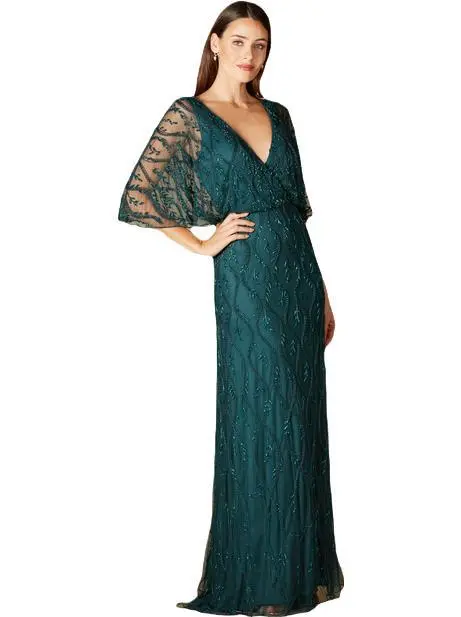 LARA NEW YORK Illusion Cape Sleeve Beaded Gown - Teal
