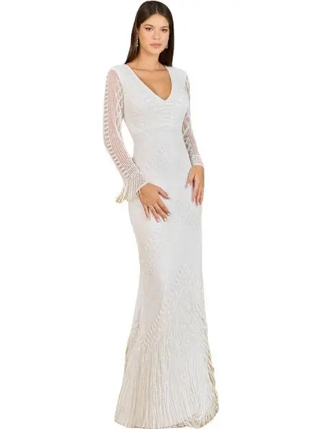 LARA NEW YORK Long Sleeve Fringe Embellished Gown - Ivory