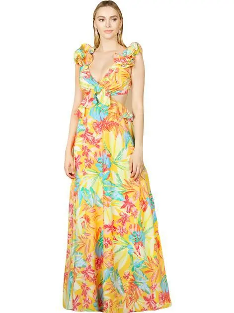 LARA NEW YORK V-neck Floral Print Gown - Yellow