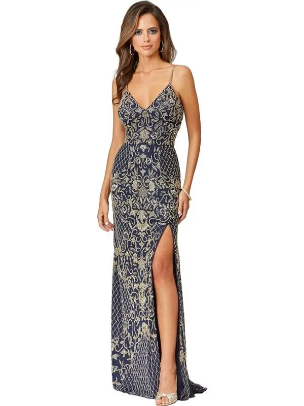 LARA NEW YORK Beaded Tank Dress With Slit - Navygold