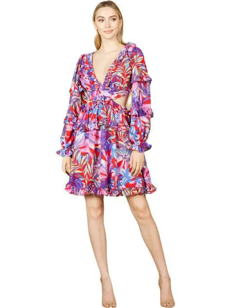 LARA NEW YORK Long Sleeve Print Short Cocktail Dress With Lace-up Back - Red