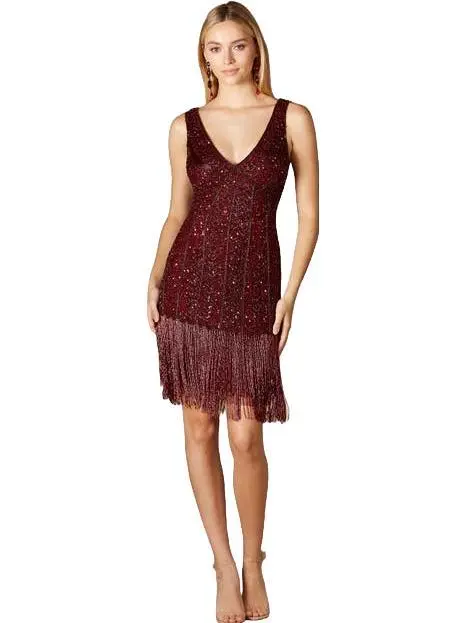LARA NEW YORK Beaded Fringe Cocktail Dress - Wine