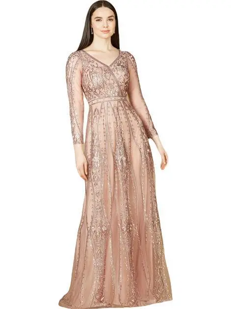 LARA NEW YORK Long Sleeve Beaded Gown - Mauve