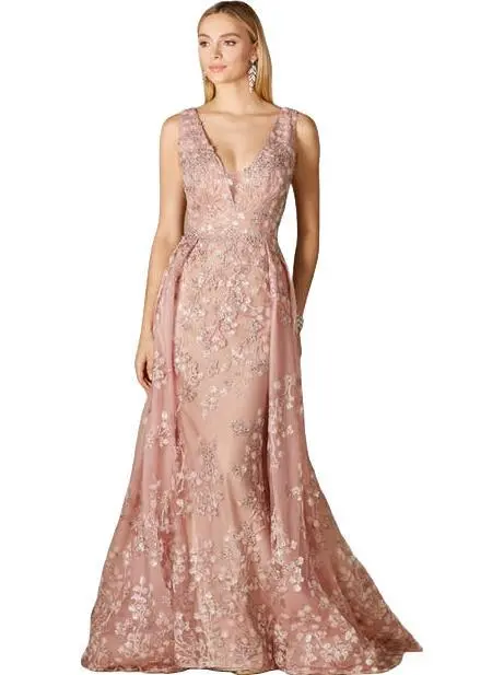 LARA NEW YORK Floral Applique Overskirt Gown - Blush