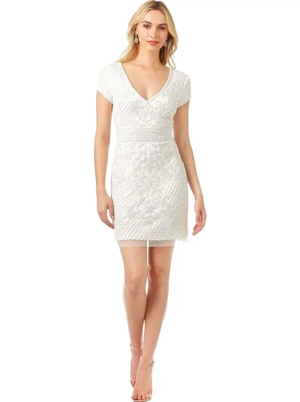 LARA NEW YORK V-neck Beaded Mini Sheath Dress - Ivory