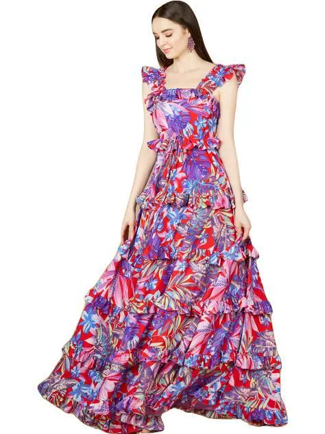 LARA NEW YORK Printed Ruffle Gown - Red
