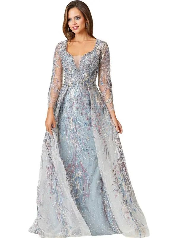 LARA NEW YORK Long Sleeve Lace Gown With Overskirt - Multi