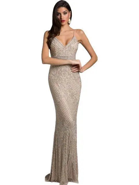 LARA NEW YORK Beaded Fringe Bodycon Gown - Nudesilver