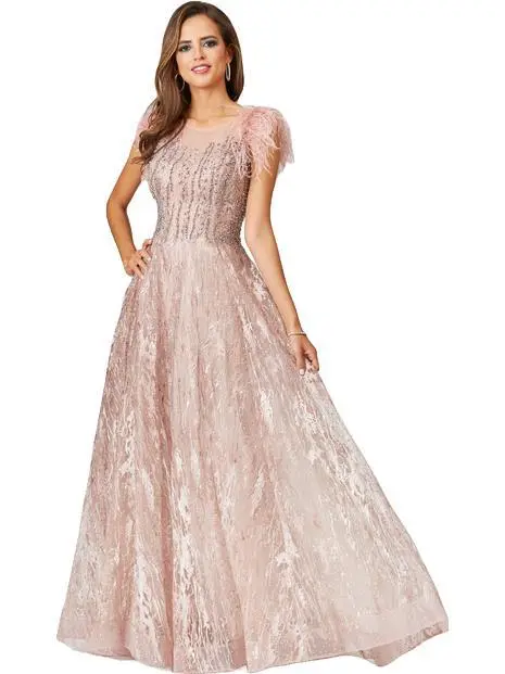 LARA NEW YORK Lace Ballgown With Feathered Cap Sleeves - Blush
