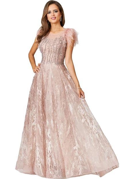 LARA NEW YORK Ombre Lace Ballgown With Feather Cap Sleeves And Rhinestone Embellishments - Blush