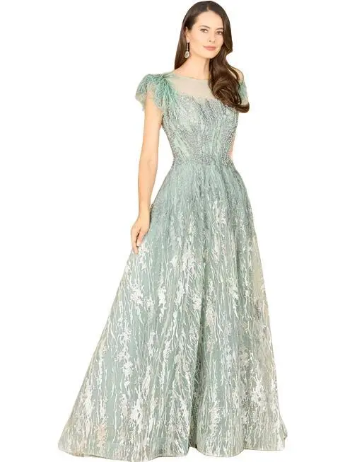 LARA NEW YORK Lace Ballgown With Feathered Cap Sleeves - Sage