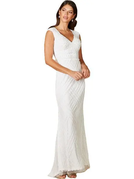 LARA NEW YORK Fabiana Cap Sleeve Beaded Gown - Ivory