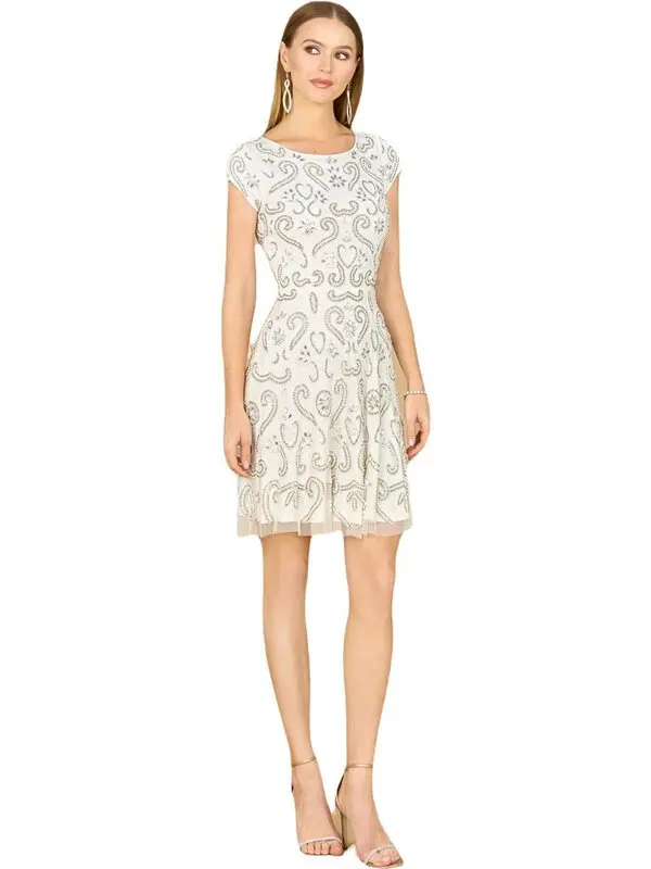 LARA NEW YORK Short Sleeve Beaded Cocktail Dress - Ivory