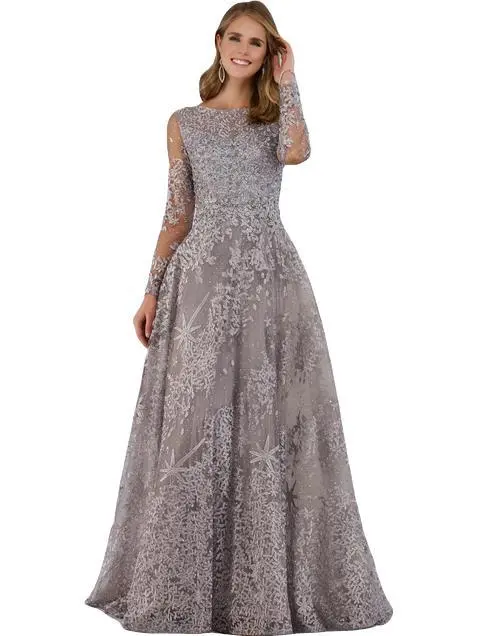 LARA NEW YORK Long-sleeve Embellished Ball Gown - Stone