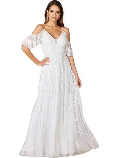 LARA NEW YORK Giana Beaded Cold-shoulder Gown - Ivory