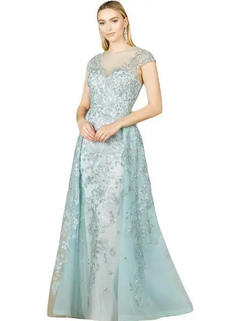 LARA NEW YORK Long Bell Sleeve V-neck Beaded Gown - Lightblue