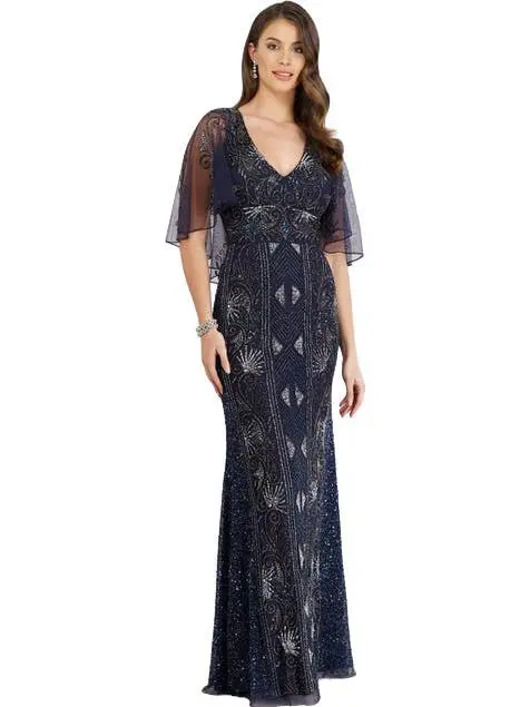 LARA NEW YORK Cape Sleeve Beaded Gown - Navy