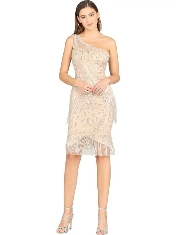 LARA NEW YORK Beaded One Shoulder Dress - Nudesilver