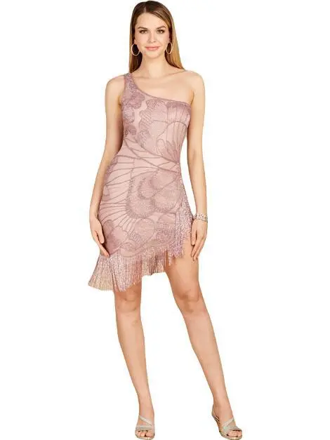 LARA NEW YORK Beaded Cocktail Dress With Fringe - Blush