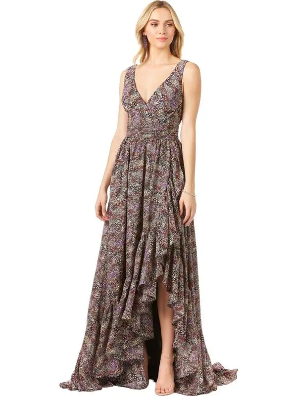 LARA NEW YORK V-neck Printed Hi-low Gown - Blackprint