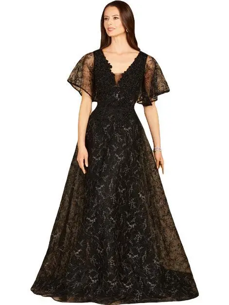 LARA NEW YORK Cape Sleeve Beaded Gown - Black