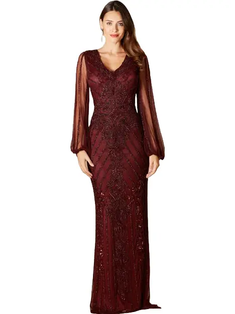 LARA NEW YORK Beaded Tulle Long Dress With Flutter Sleeves - Wine