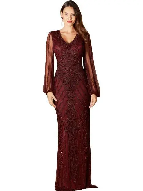 LARA NEW YORK Long Flutter Sleeve Beaded Gown - Wine