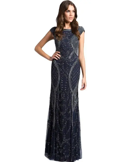 LARA NEW YORK Beaded Tulle Dress - Navy
