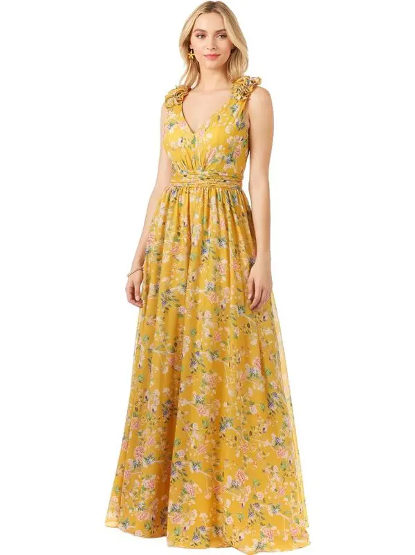 LARA NEW YORK V-neck Print Gown - Yellowprint